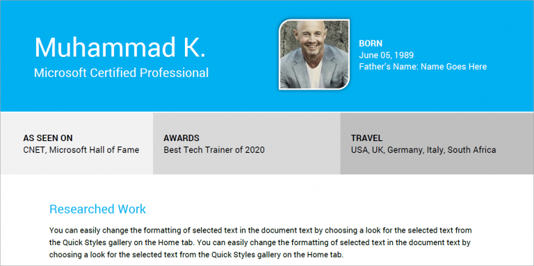 Free professional personal profile CV in Microsoft Word